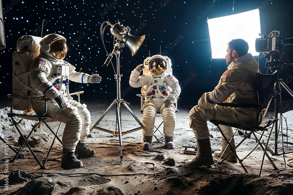 Astronaut actors on a movie set, artist's impression, fake moon landing ...