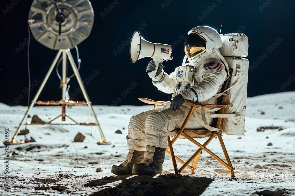 Astronaut actor with a megaphone sitting in director's chair on a movie ...