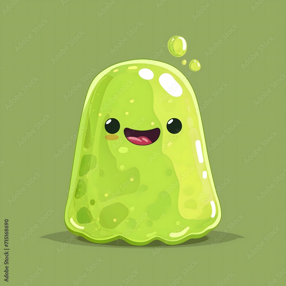 Cartoonish drawing of a cute green colored slime creature smiling on a ...