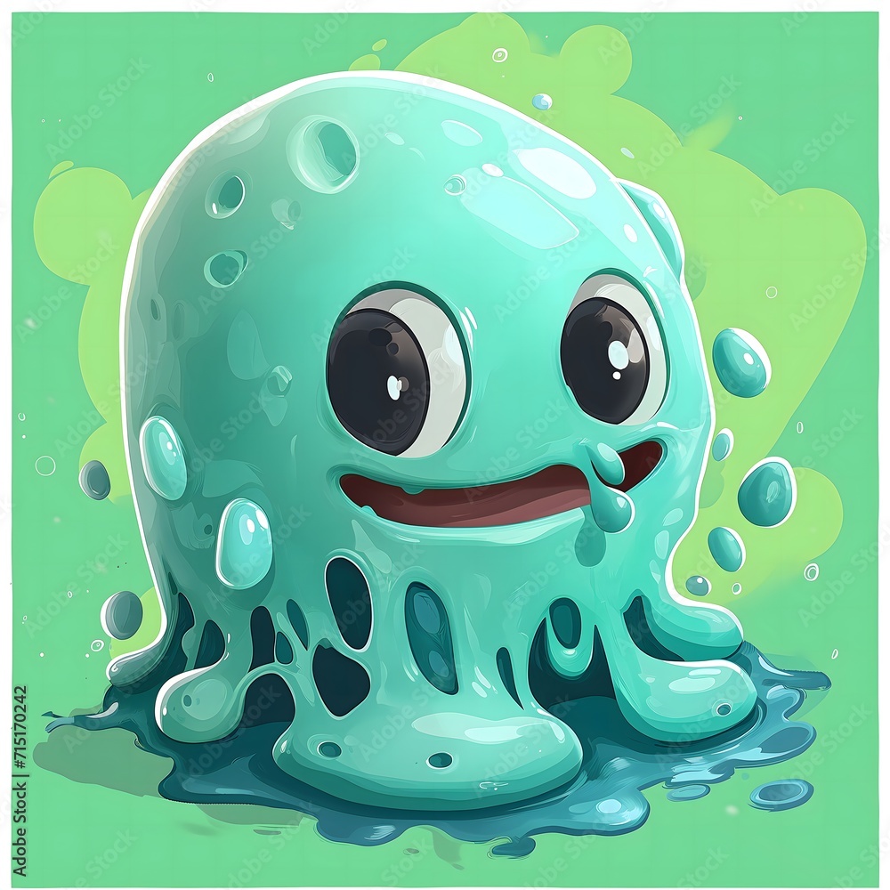 Cartoonish drawing of a cute green colored slime creature smiling on a ...