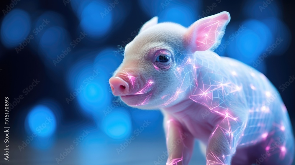 A detailed photo of a piglet with a fluorescent protein in its skin, an ...