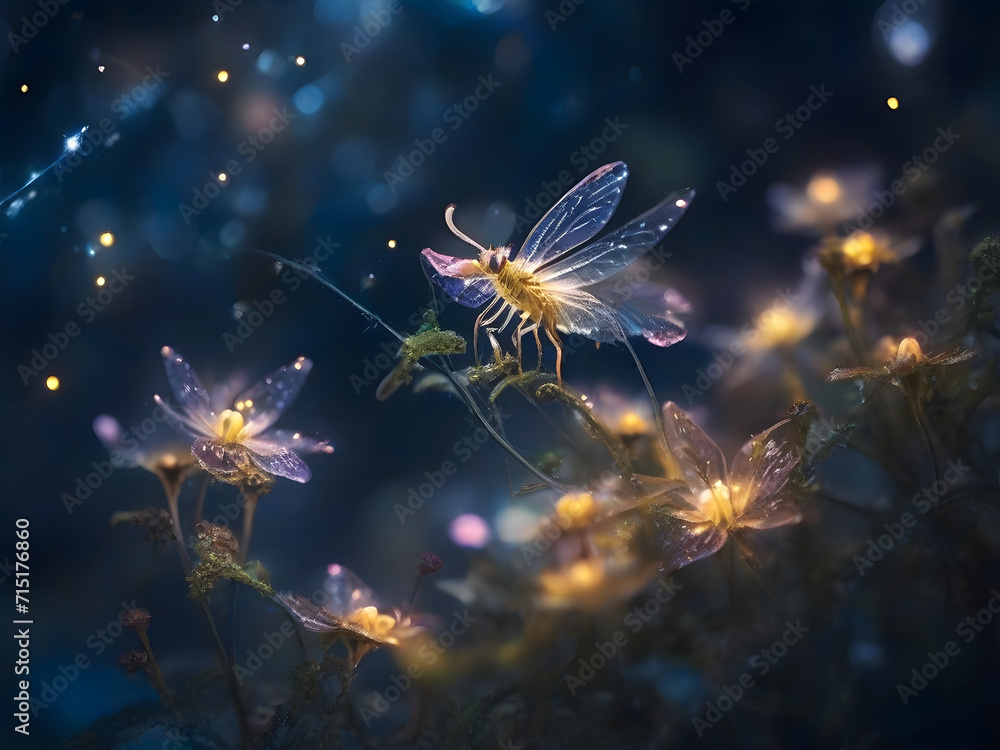 Create a dreamlike scene where galactic fireflies illuminate the cosmic ...