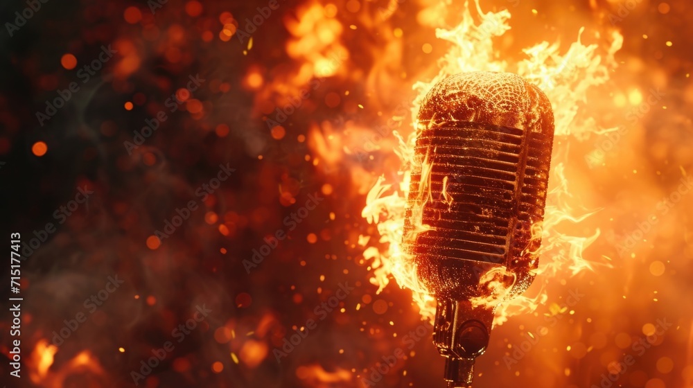 In a dynamic shot a microphone stand burns brightly with fierce flames ...