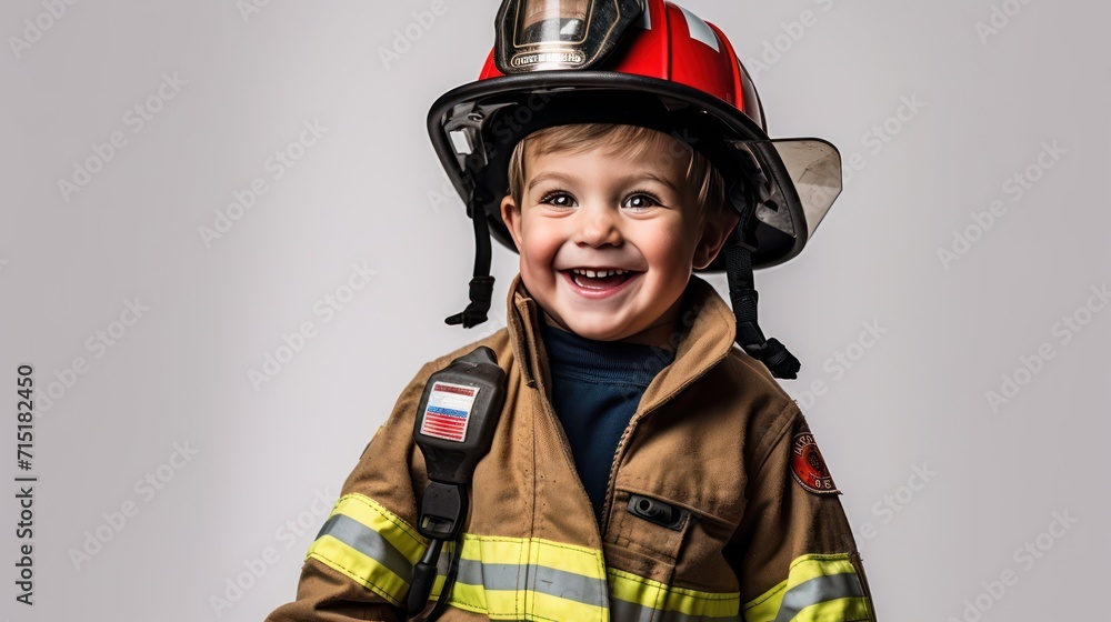 A Happy boy wearing firefighter uniform, little firefighter and fire ...