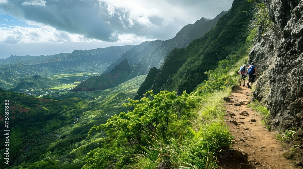 A photo of a scenic mountain hiking trail with hikers, lush greenery ...