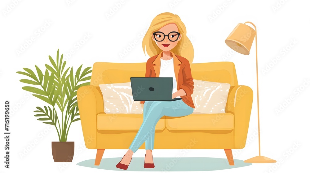 catoon style. woman sitting in sofa in livingroom in a house. Woman ...