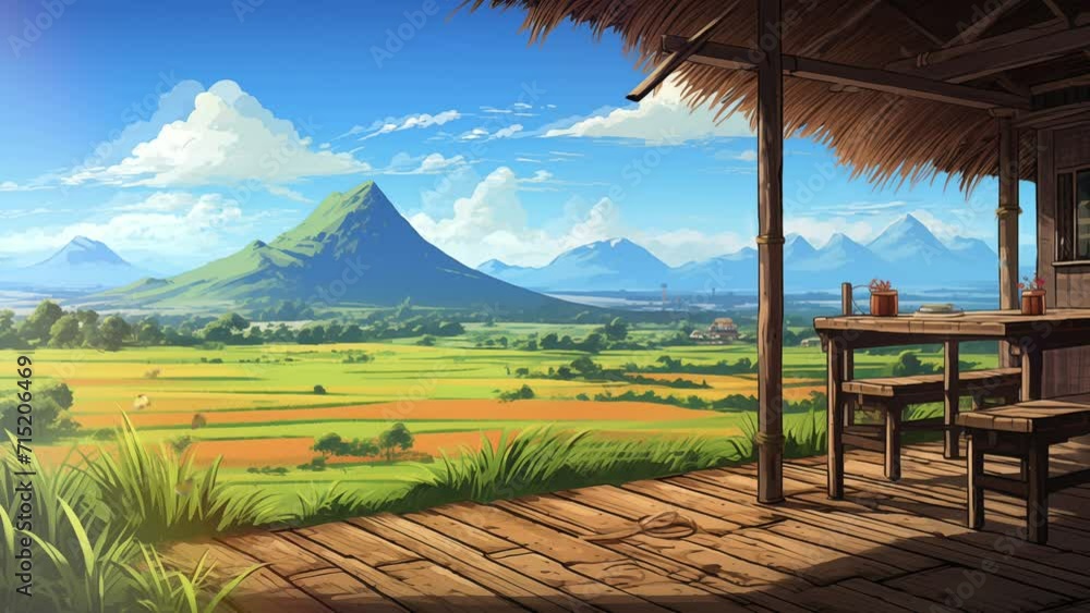 Animated illustration of a wooden hut in the middle of a rice field ...