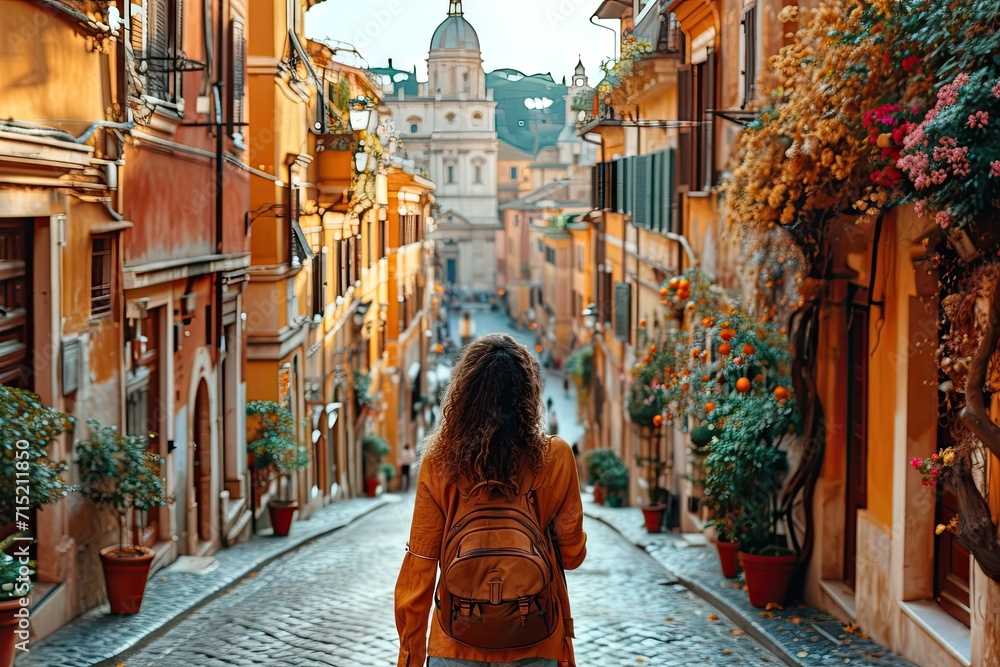 Traveler woman exploring city young vacationer embracing person journey ...