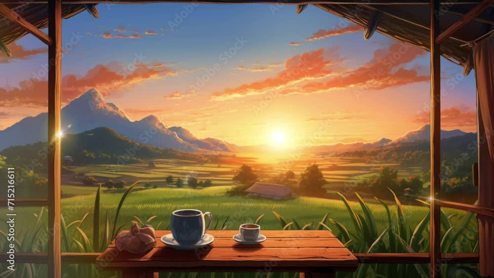 Animated illustration of a cup of drink with a view of rice fields in ...