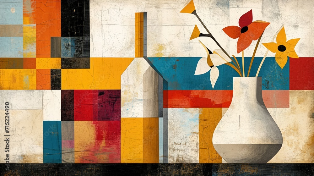 minimalistic cubism artwork of a vase with flowers, exploring the ...