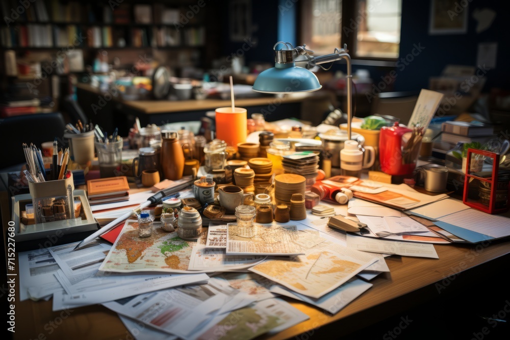 Office desk with a chaotic mix of documents and stationery, symbolizing ...