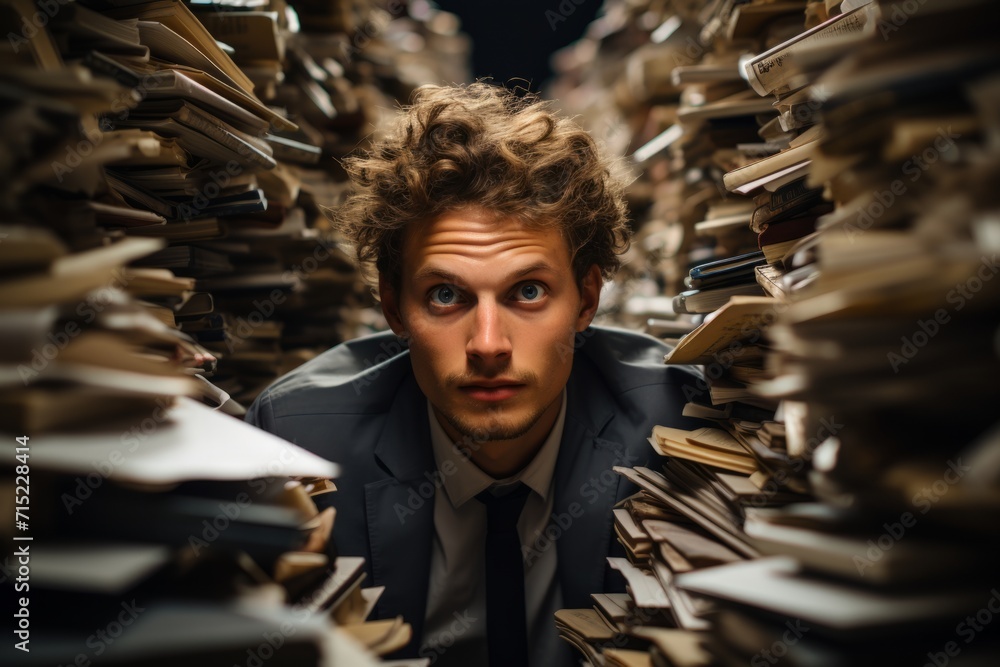 Office worker buried under a stack of files, showcasing the challenges ...