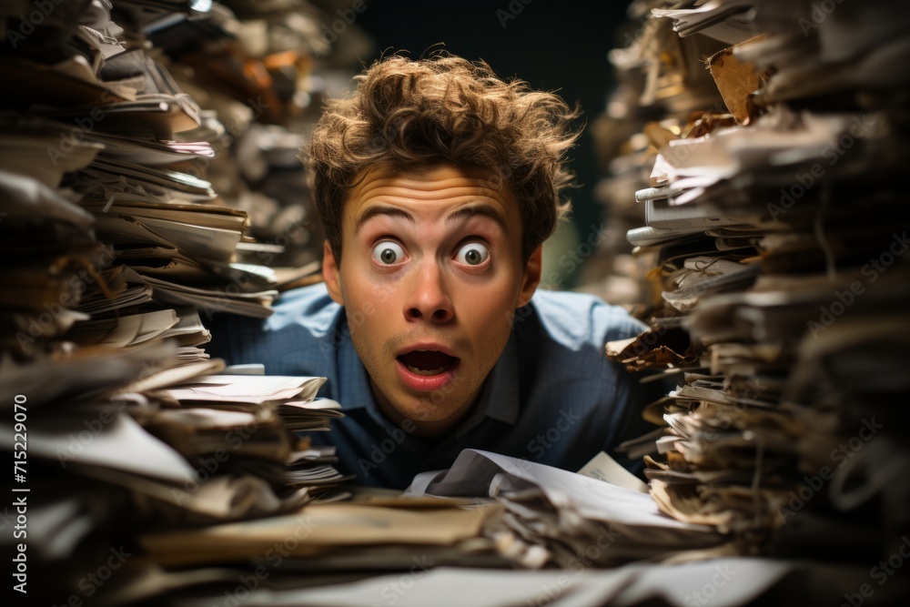 Office worker overwhelmed by a seemingly never-ending pile of reports ...
