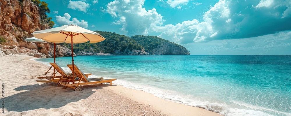 Landscape of beach with chair overlooking sea sand blending into sky in ...