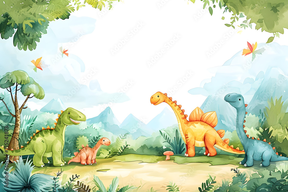 Cute cartoon dinosaur frame border on background in watercolor style ...