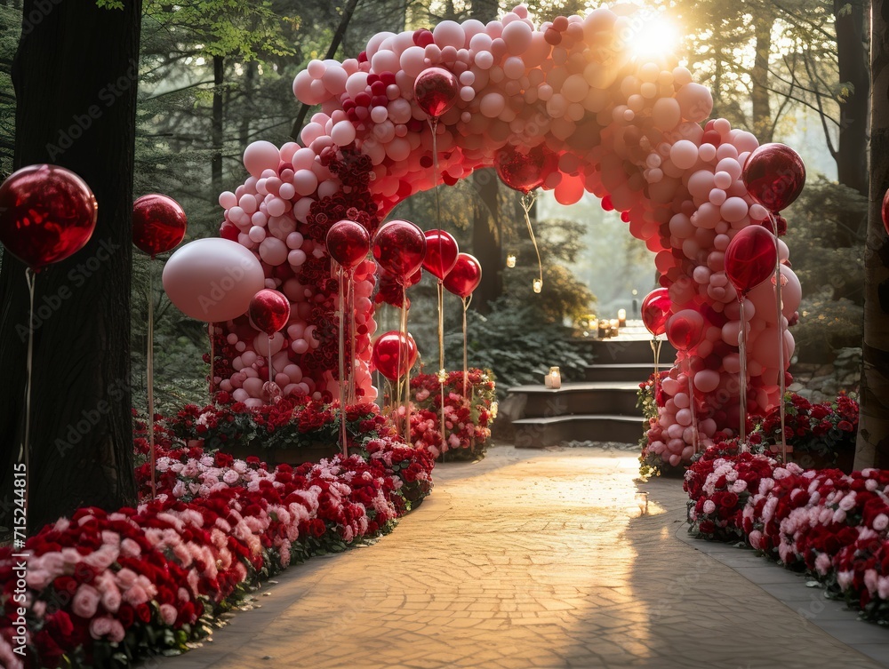 Outdoor wedding arch composed of red and colorful balloons, outdoor ...
