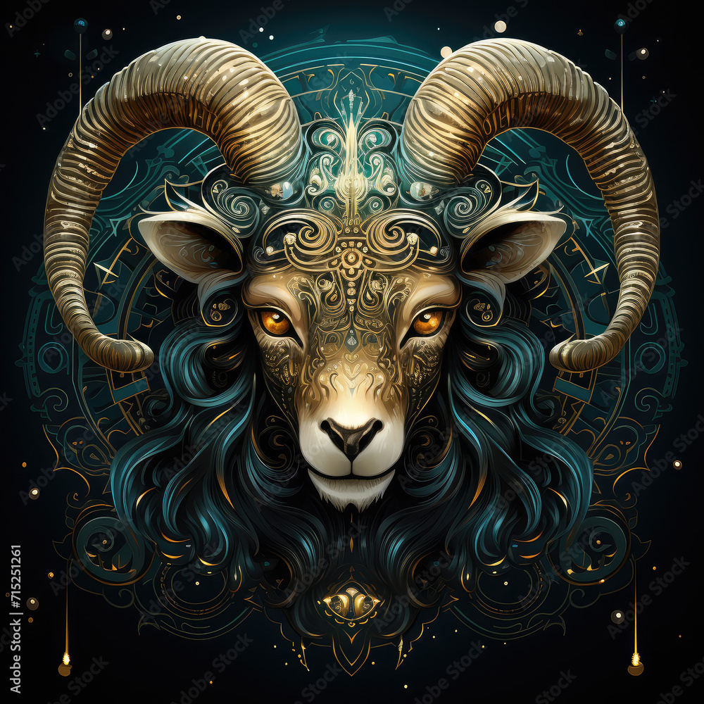 Capricorn goat head in the form of a cosmic symbol. Deep gold and teal ...