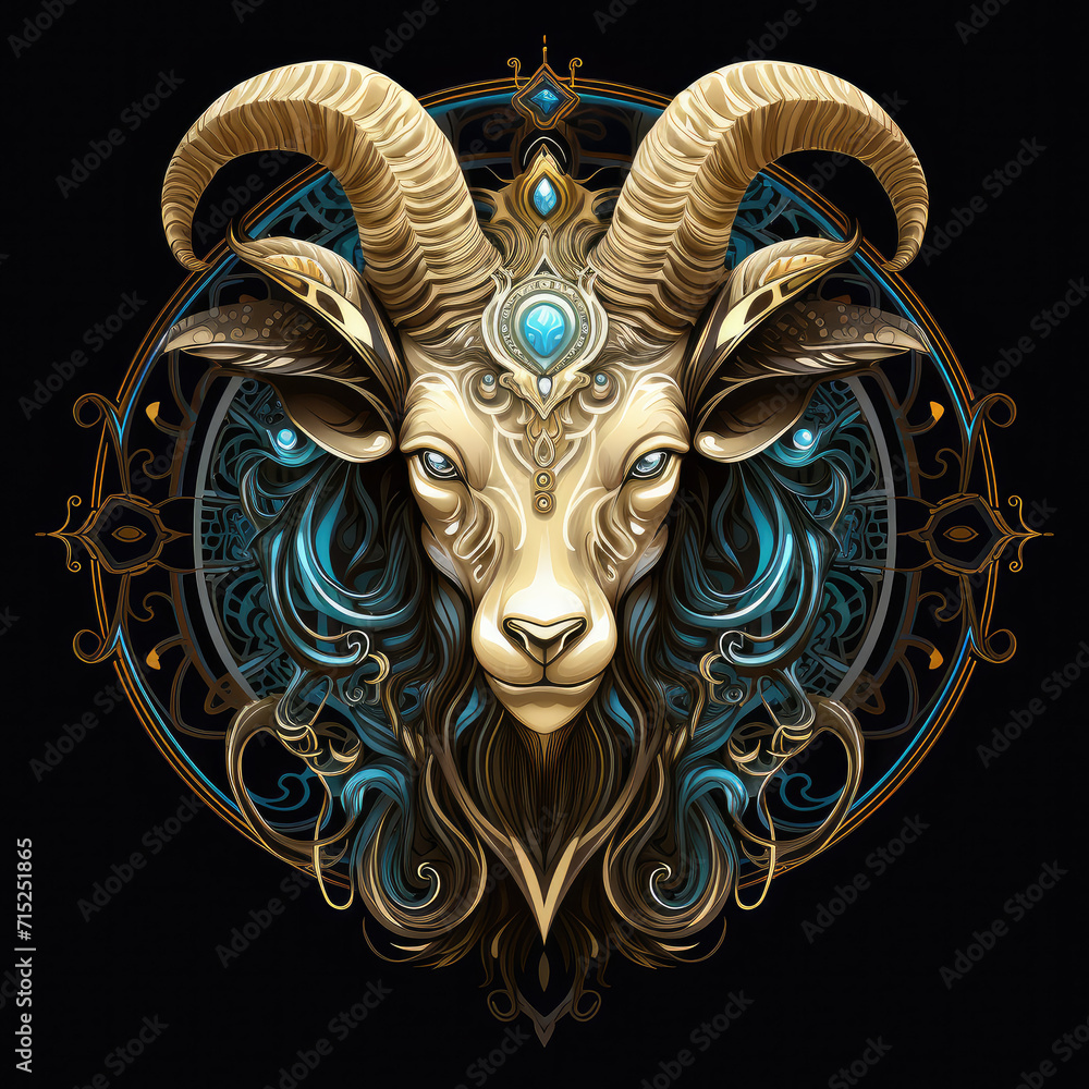 Capricorn goat head in the form of a cosmic symbol. Deep gold and teal ...