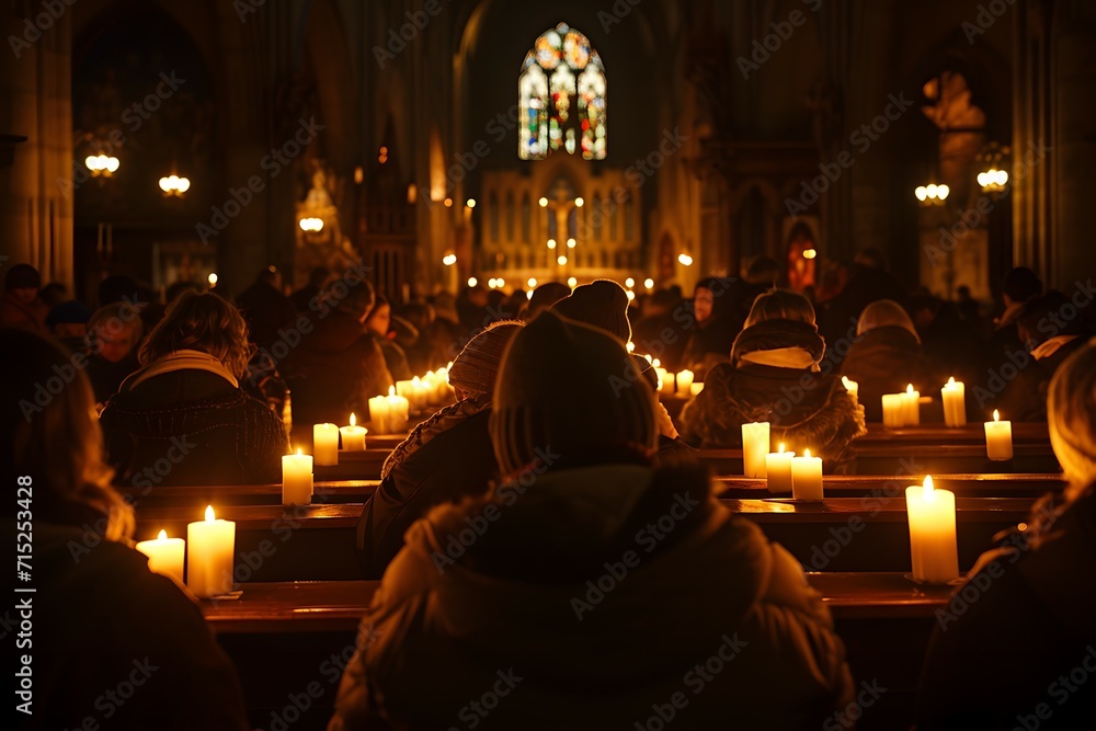 Individuals in prayerful vigil, with the glow of candles illuminating ...