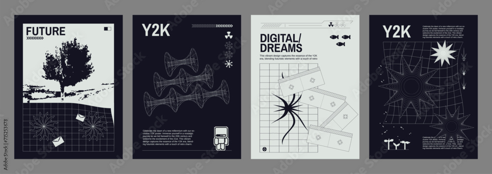 Poster and cover design layout in y2k style with grid and bitmap ...