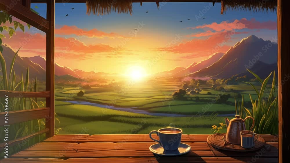 Animated illustration of a cup of drink with a view of rice fields in ...