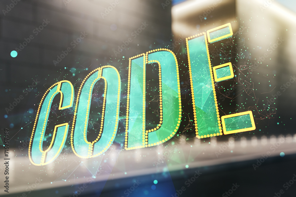 Code word hologram on modern business center exterior background ...
