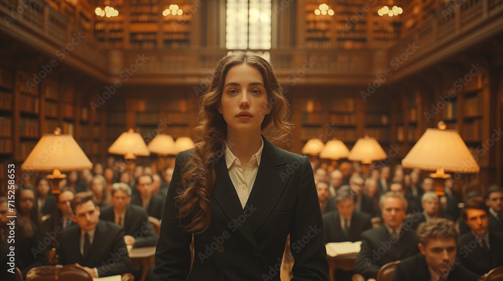 Academic Elegance: Woman Orator in Historical Library Setting Stock ...