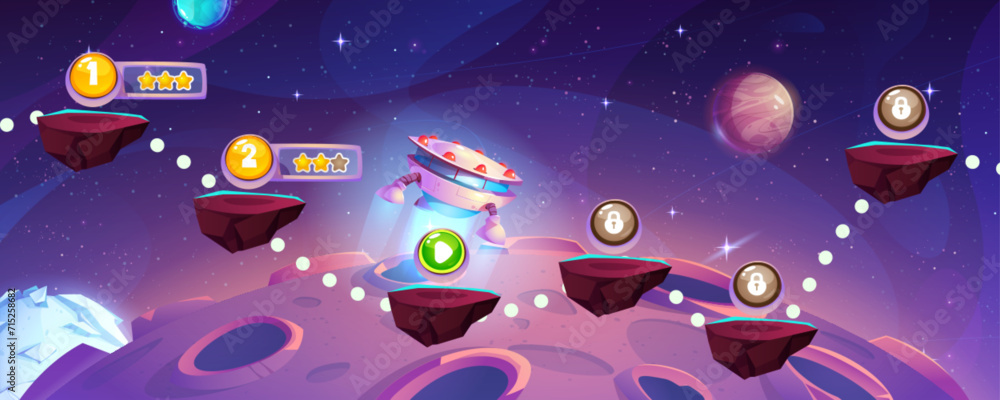 Game level map with floating islands and star rating, flying spaceship ...