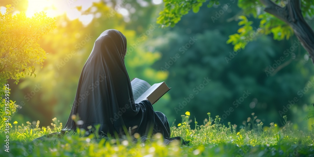 back view Muslim woman sitting praying. holding and read Quran with ...