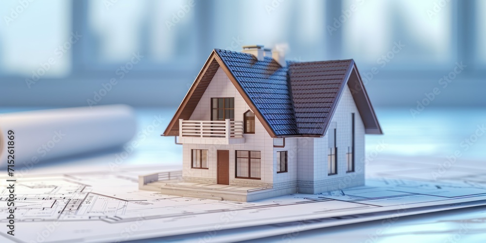 3d model house on architecture floorplan paper with blur background ...