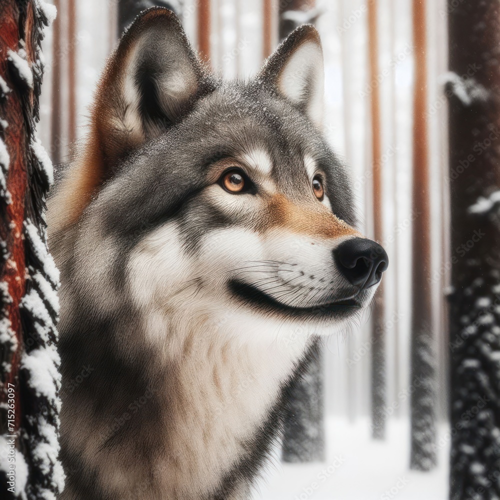 Grey Wolf (Canis lupus) Between Trees, Lobo gris entre árboles, high ...
