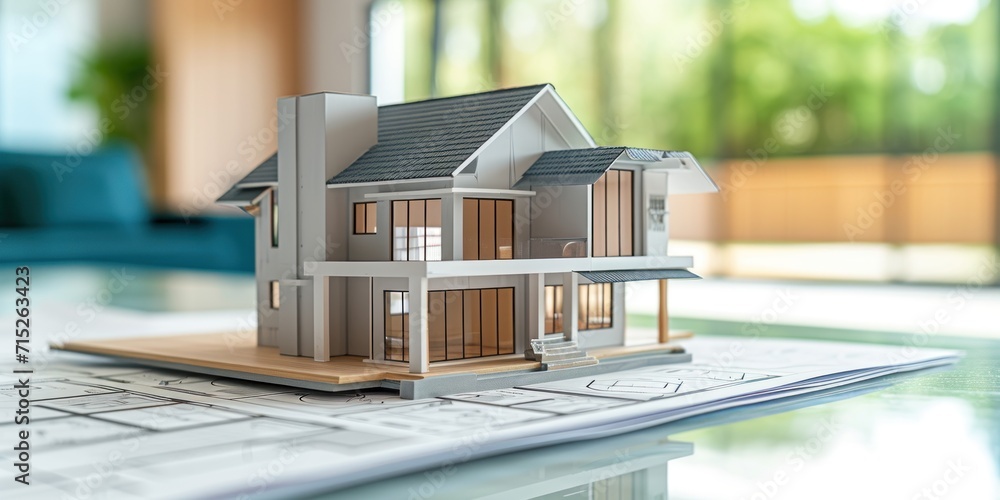 3d model house on architecture floorplan paper with blur background ...
