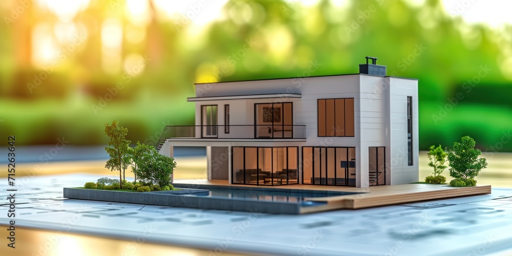 3d model house on architecture floorplan paper with blur background ...