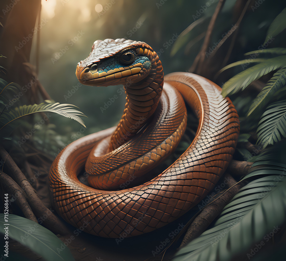Snake : Tiger Snake. Natrix, Snake Colubridae in the forest, close up ...