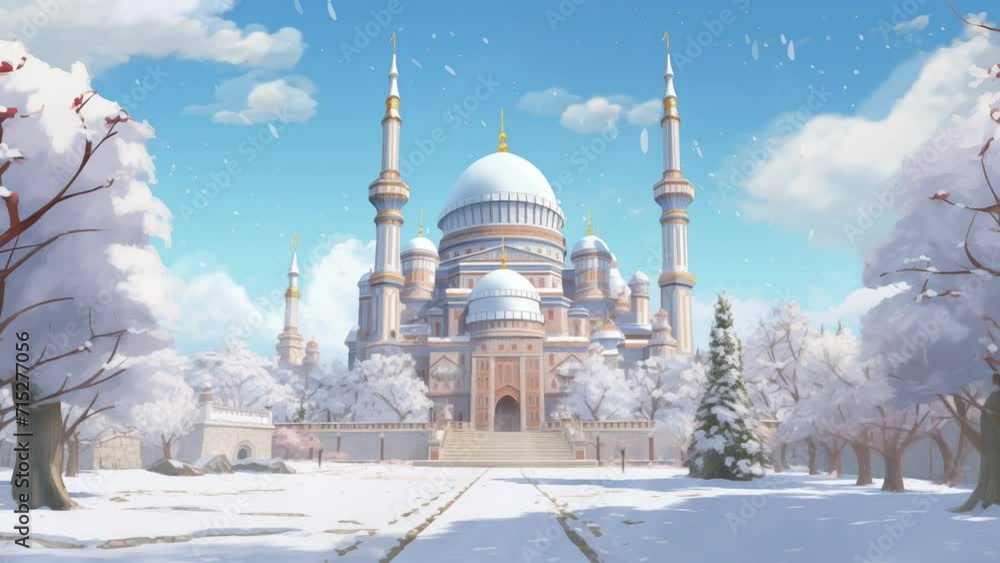 Animated illustration of a mosque building with natural plant ornaments ...