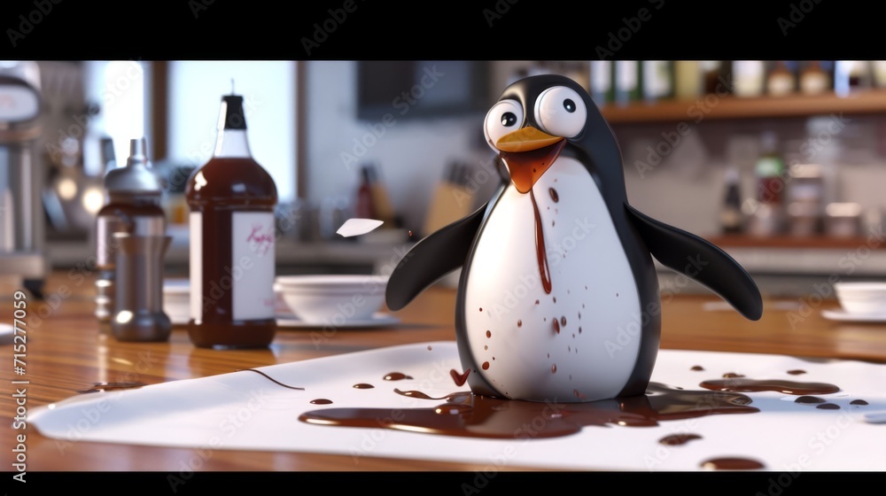 Cartoon scene A clumsy penguin waiter accidentally spills a gallon of ...