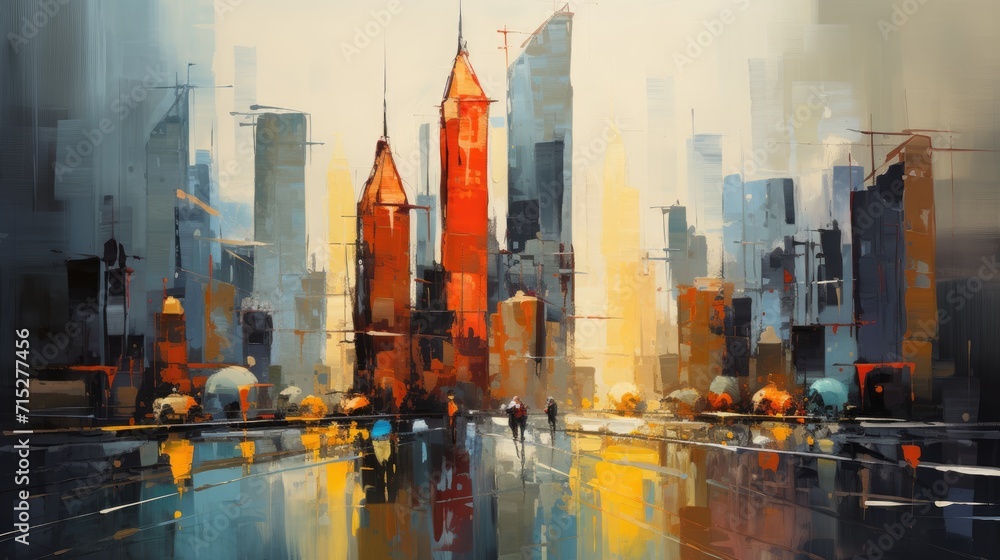 Vivid abstract art captures the essence of a bustling city in oil, Ai ...