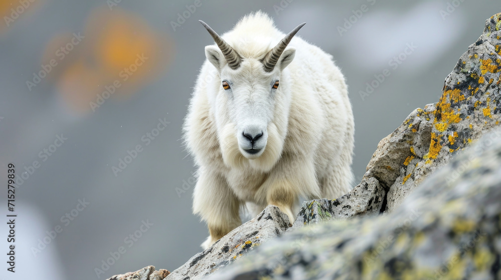 Up close and personal with a mountain goat its focused gaze fixed ahead ...