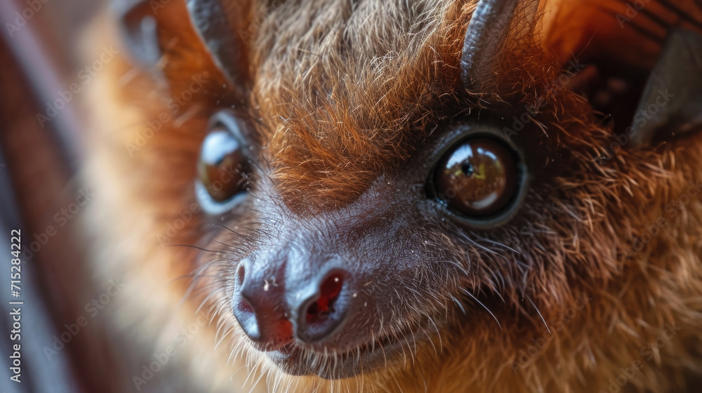 Closeup of a bats face with dull sunken eyes and thinning fur ...