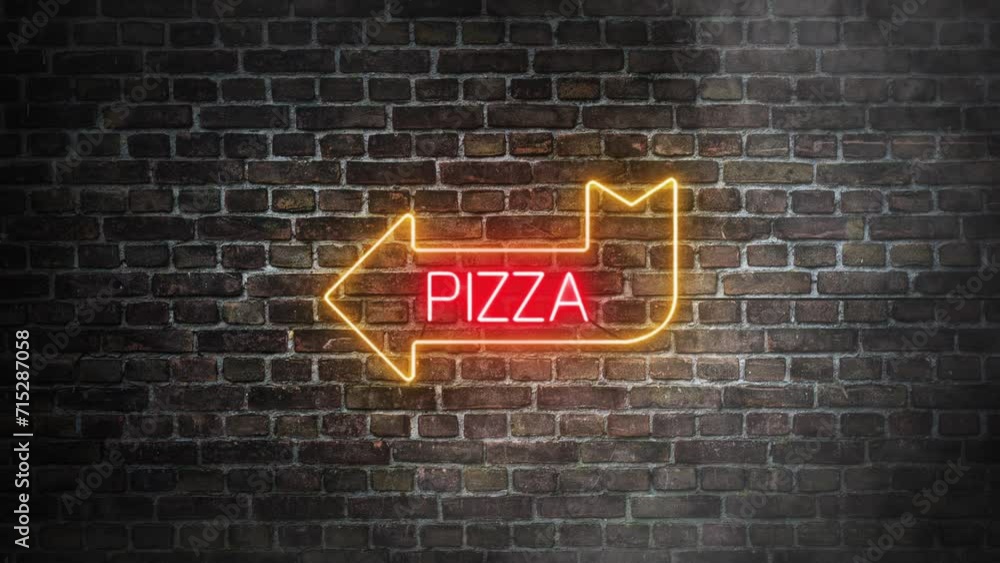 Pizza arrow neon signboard on bricks wall background. Horizontal arrow ...