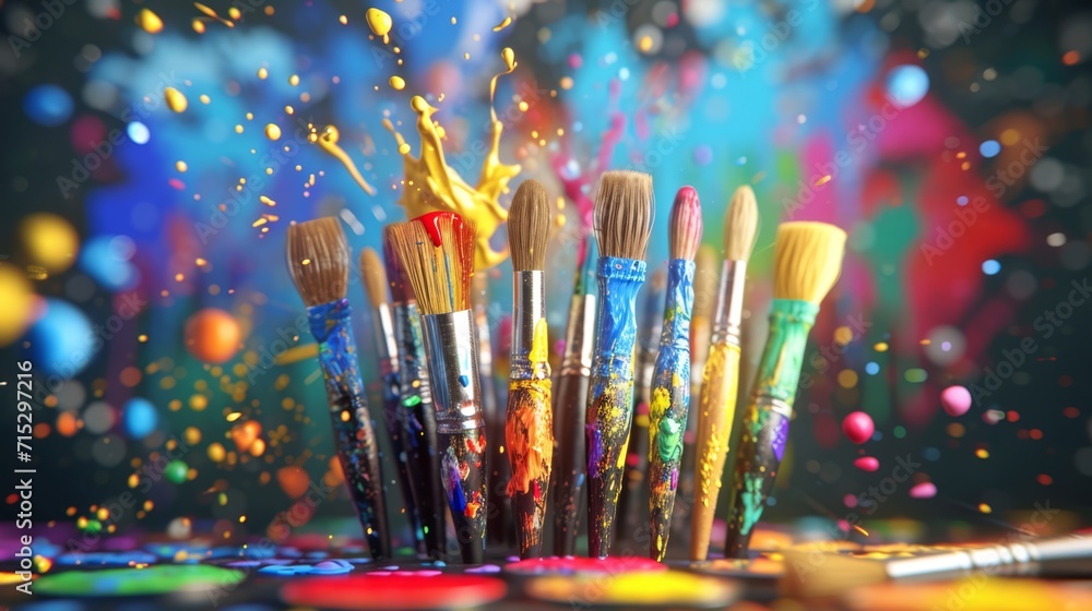 Cartoon scene of paintbrushes staging a dramatic live painting ...