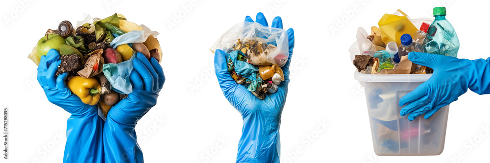 Hands in blue gloves holding various types of waste for recycling ...
