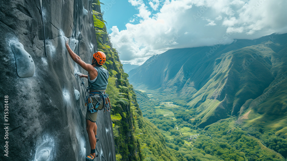 Climber pauses on steep rock wall above lush valley, Mountain climber ...