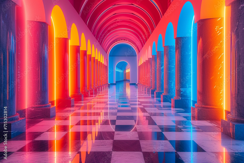 A portrayal of a neon abstract art museum, with non-Euclidean geometry ...