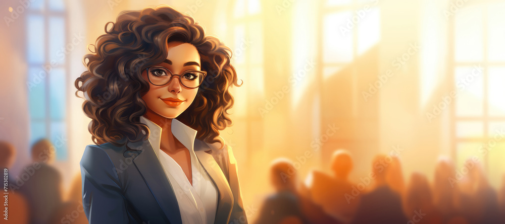 Portrait of cute female CEO with dark curly hair in office. Light ...
