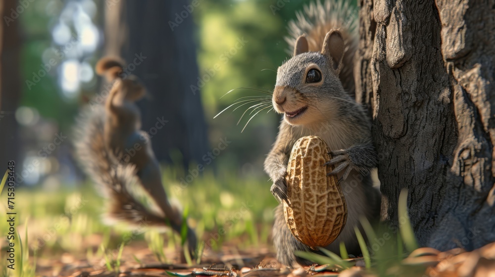 A mischievous squirrel pulling a prank on its friends by hiding behind ...