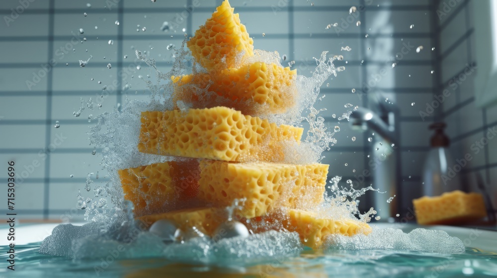 The sponges form a pyramid in the sink with the top sponge attempting a ...