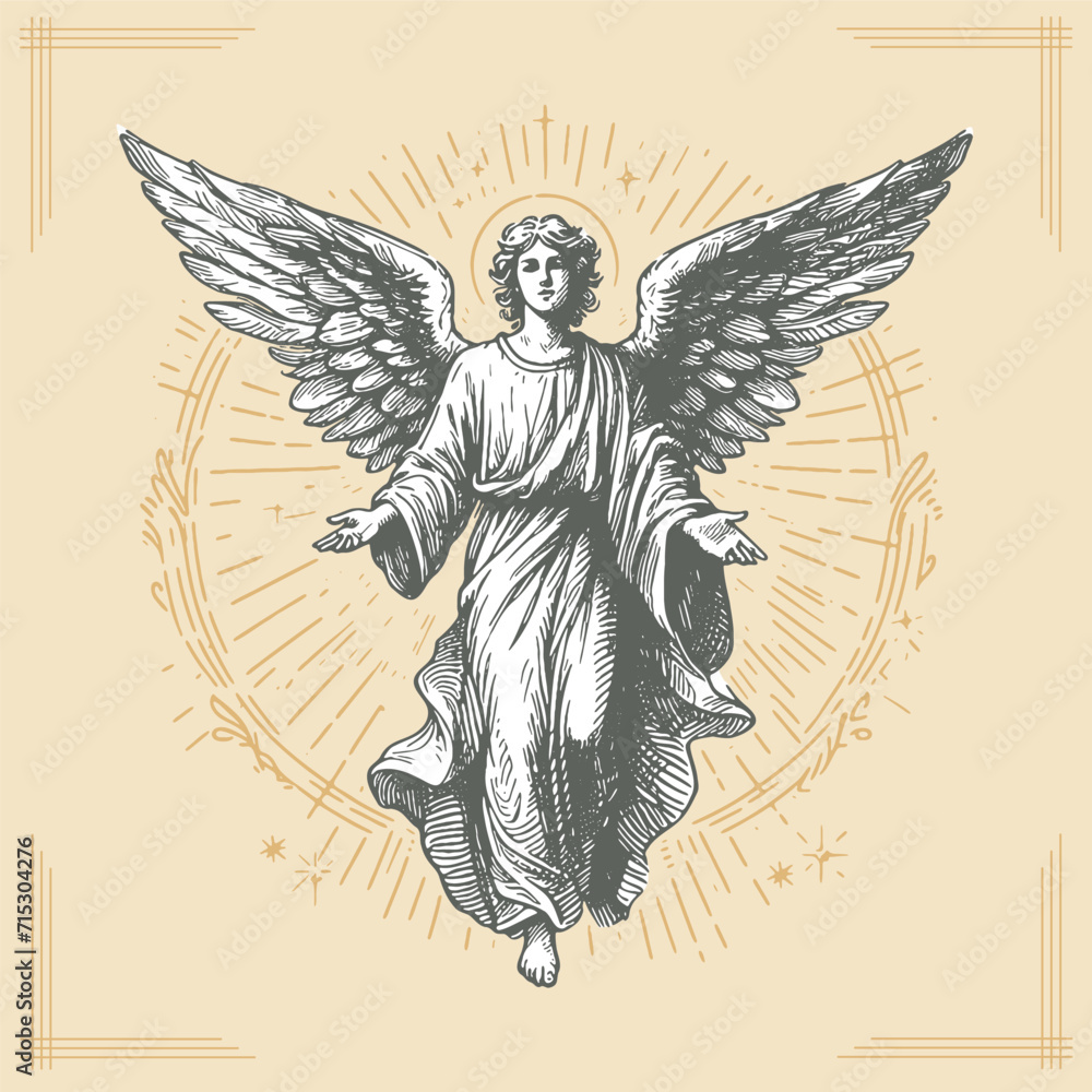 angel heavenly god vector sketch drawing in stencil style on a beige ...