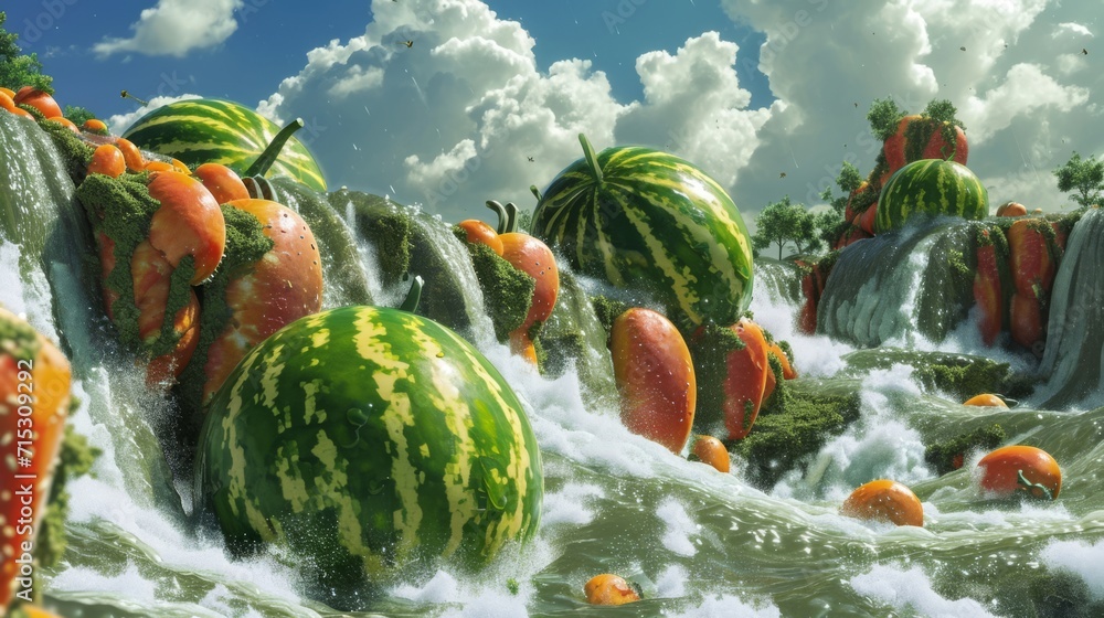 Cartoon scene A group of mischievous watermelons attempting to climb ...
