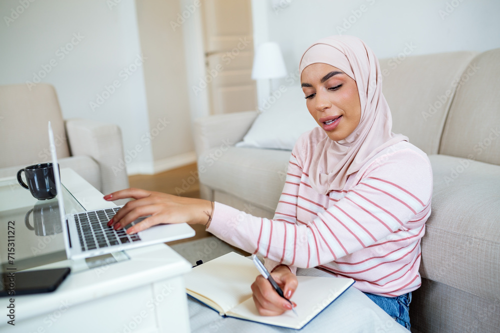 Muslim young women wear hijab using typing and checking order the ...
